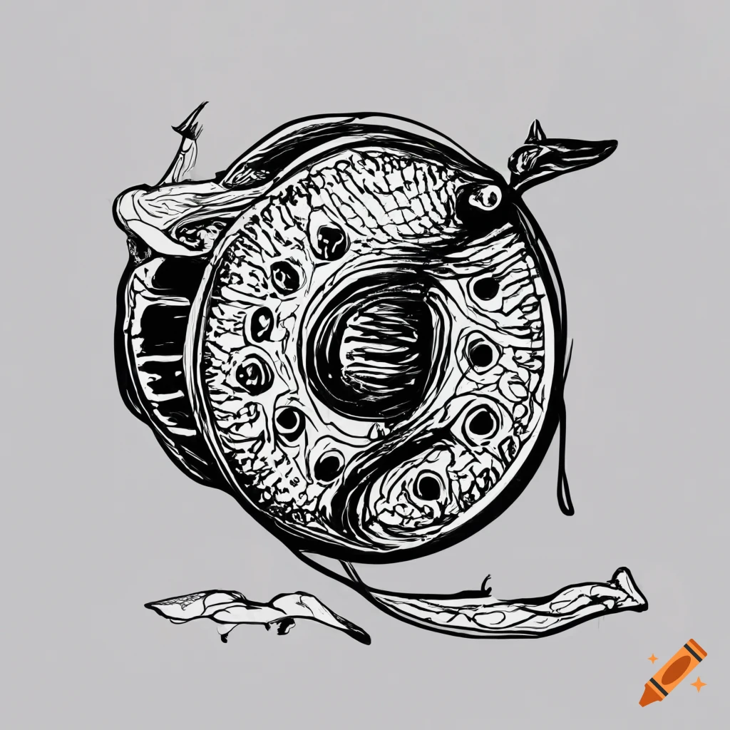 Detailed black and white ink pen drawing of fly-fishing reel surrounded ...