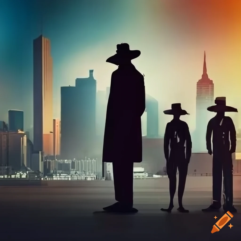 Silhouette of men in fedoras and zoot suits against a cityscape ...