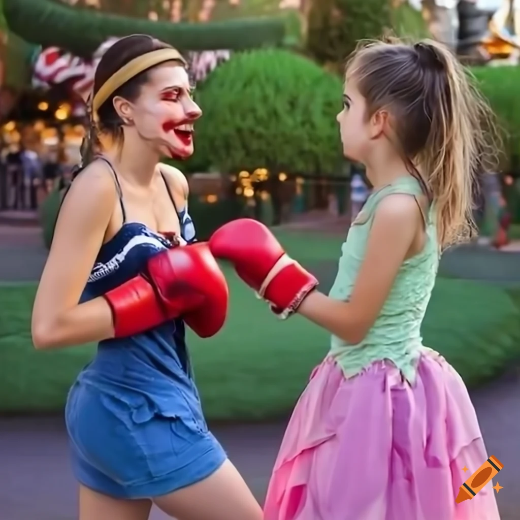 Playful boxing between woman and girl at Disneyland under sunshine on ...