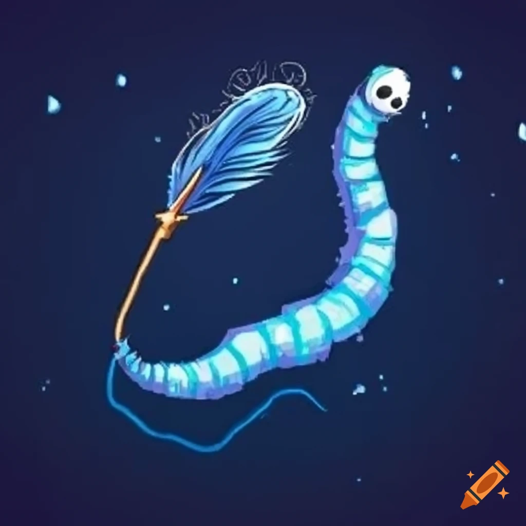 Pixel art of a pen quill space worm with ice magic on Craiyon