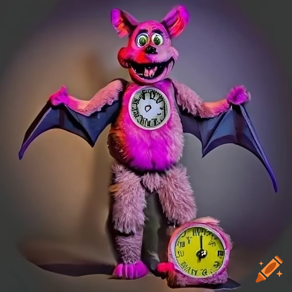 Vibrant animatronic dark pink bat with a yellow clock on belly, fluffy ...