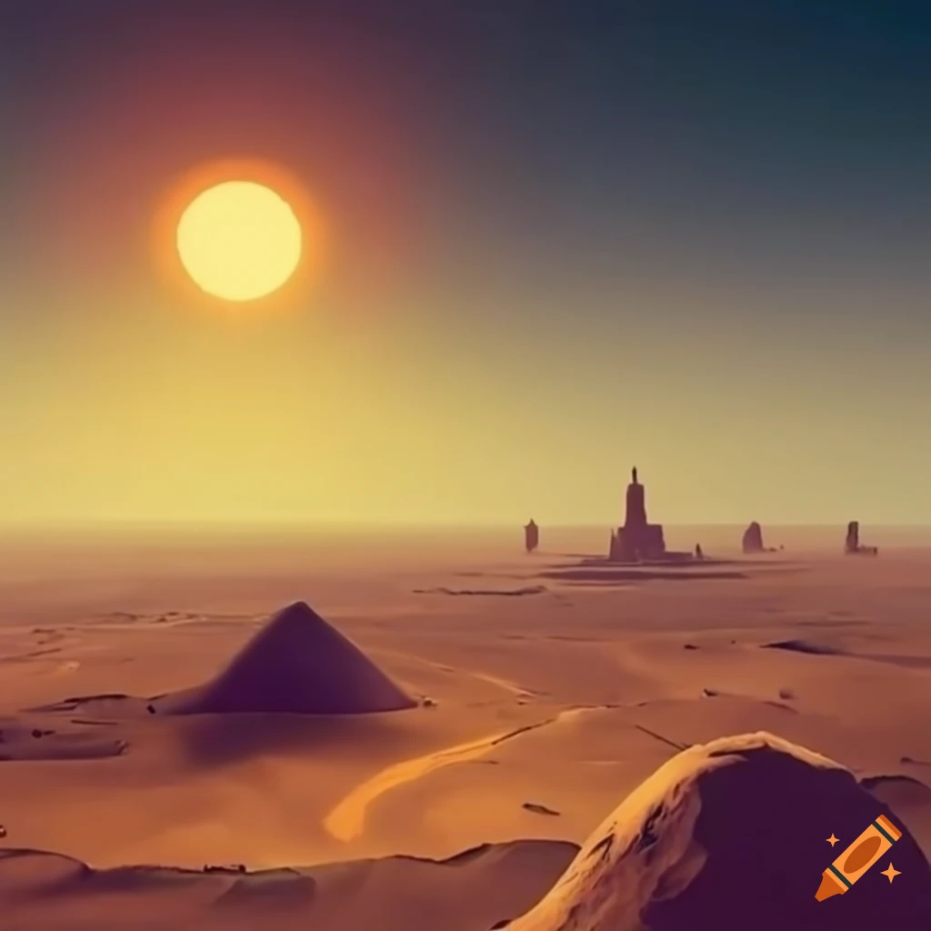Alien desert landscape with ancient mesopotamian city ruins on the ...