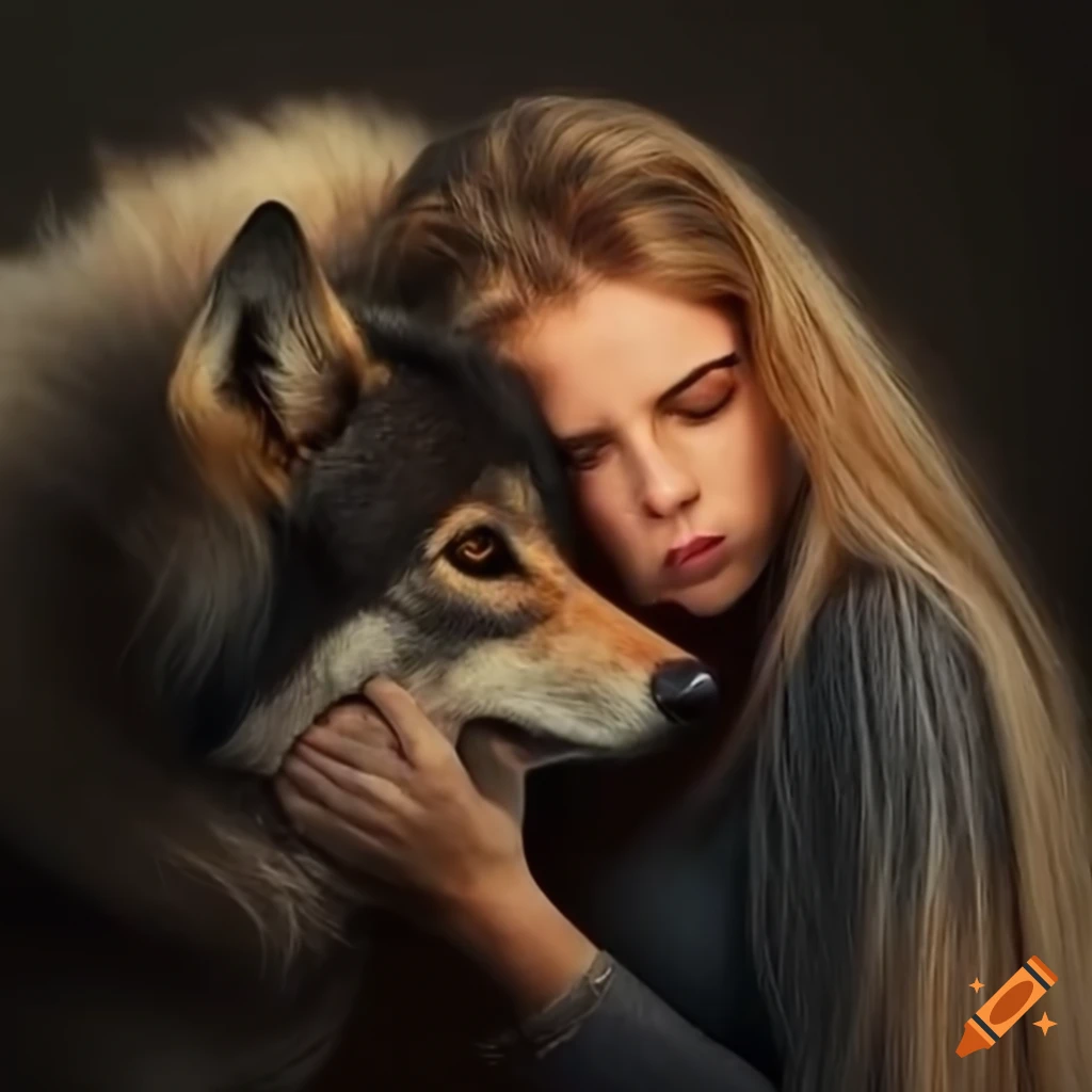 Sun-kissed blonde woman with her black-haired wolf companion on Craiyon