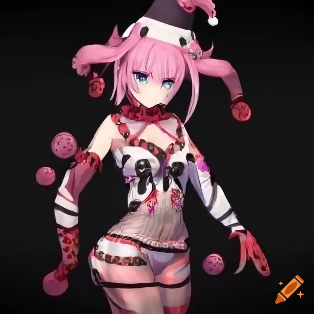 Fun circus jester clown VTuber with pink hair and colorful outfit on Craiyon