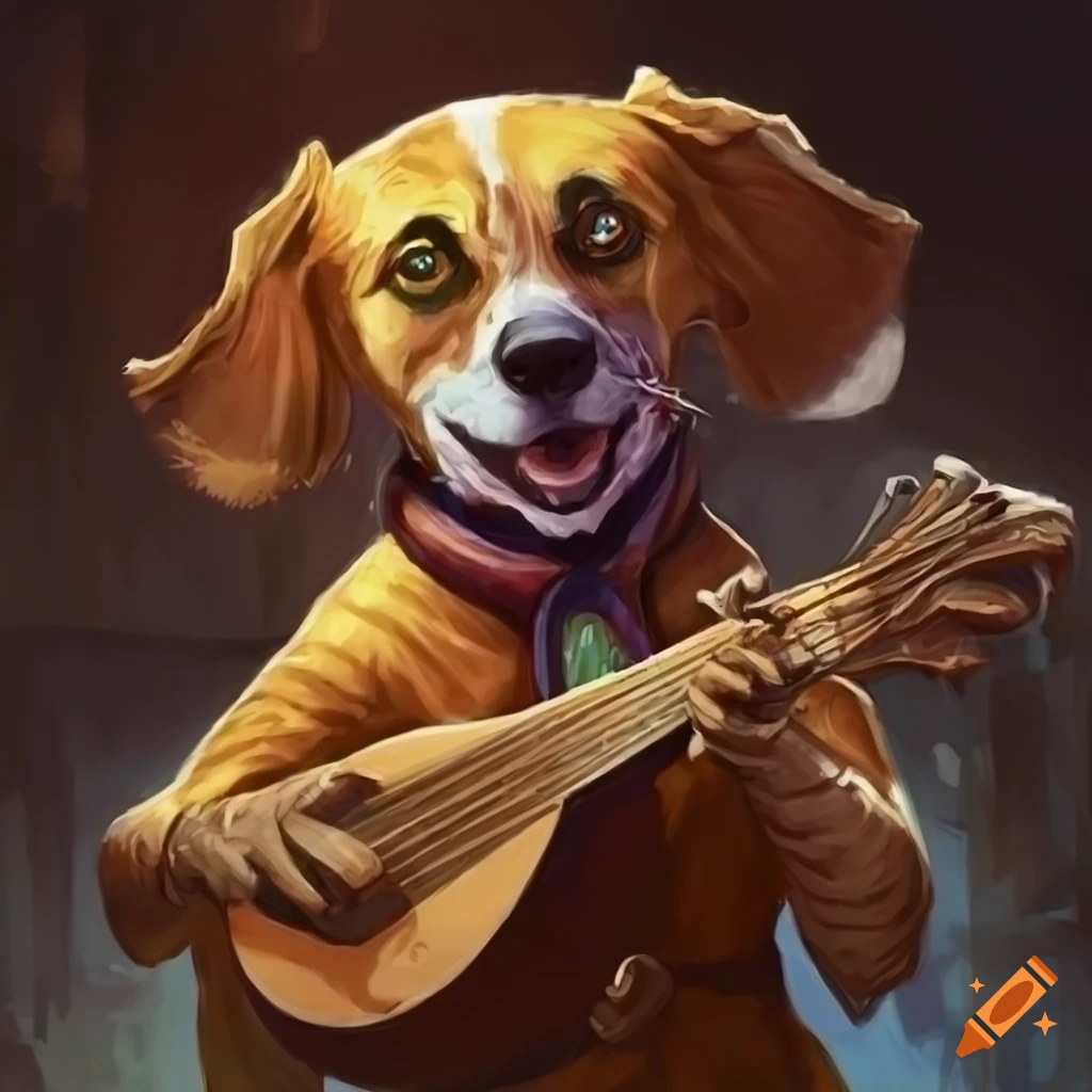 Happy anthropomorphic Brazilian mixed-breed dog bard playing lute in ...