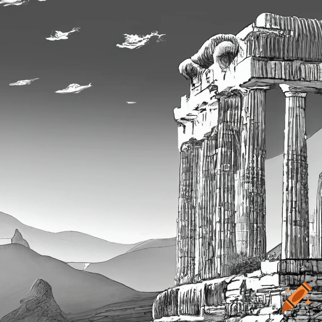 Black and white drawing of an ancient greek landscape with gentle hills ...
