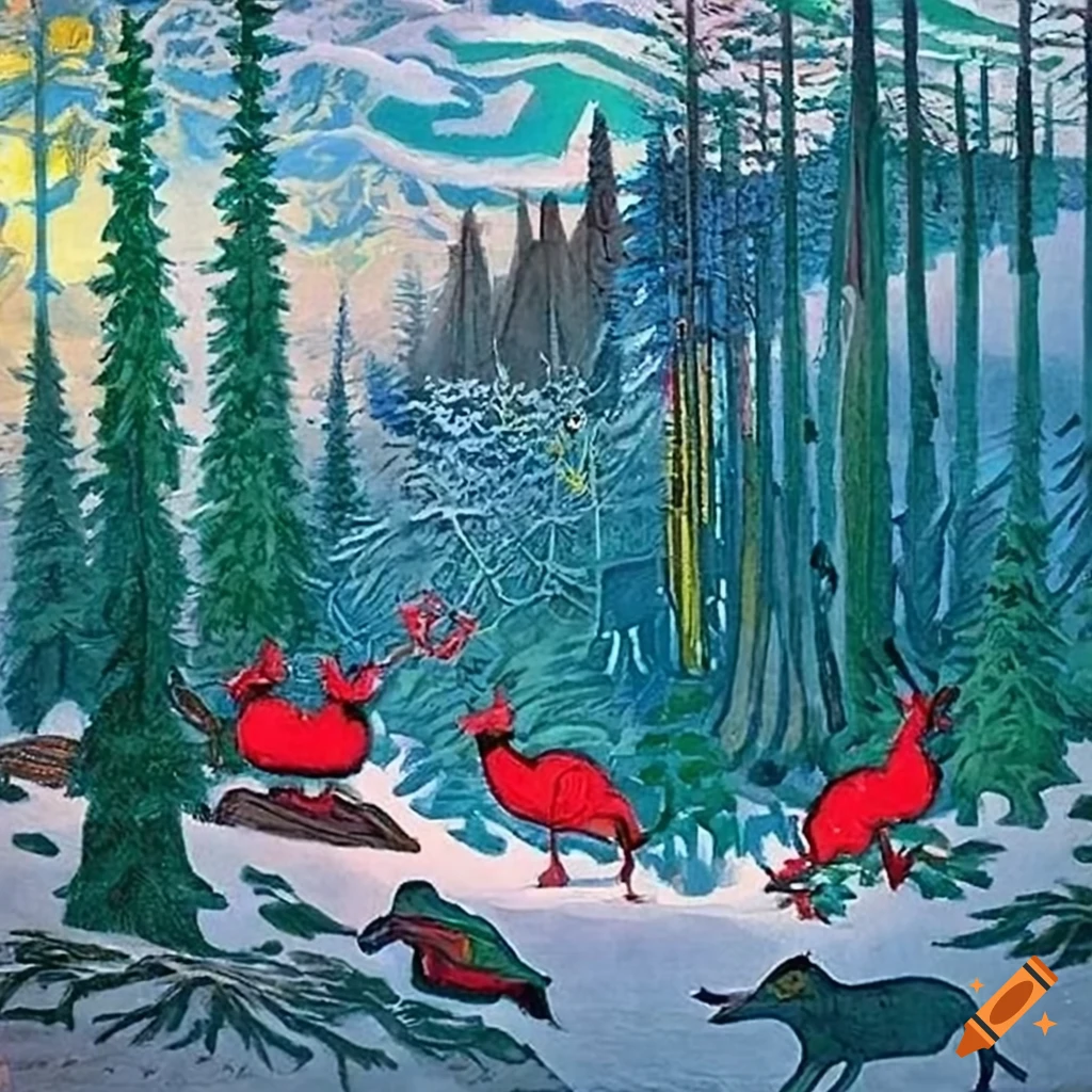 Festive Christmas forest scene with a mix of Native Salish and Russian ...