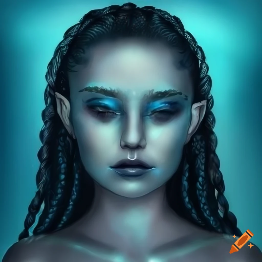 Digital art portrait of a mermaid with black braided hair and light ...