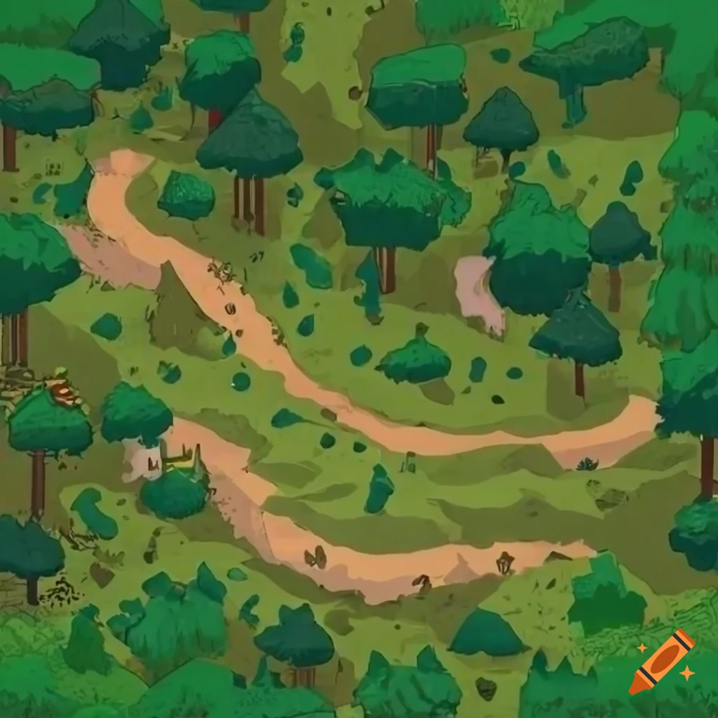 2D mountain map with isometric view and path through woods on Craiyon