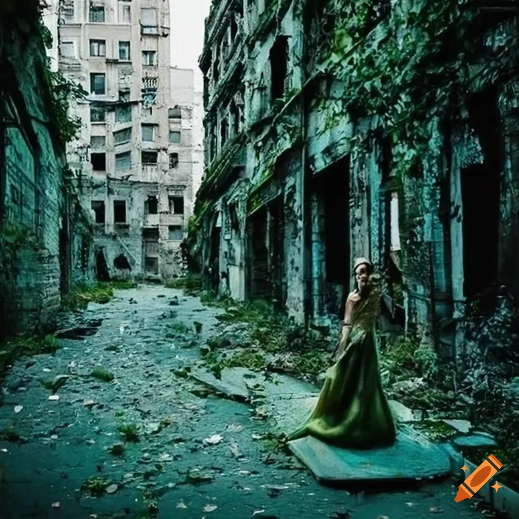 Derelict cityscape overgrown with vines and forgotten hero figurines on Craiyon