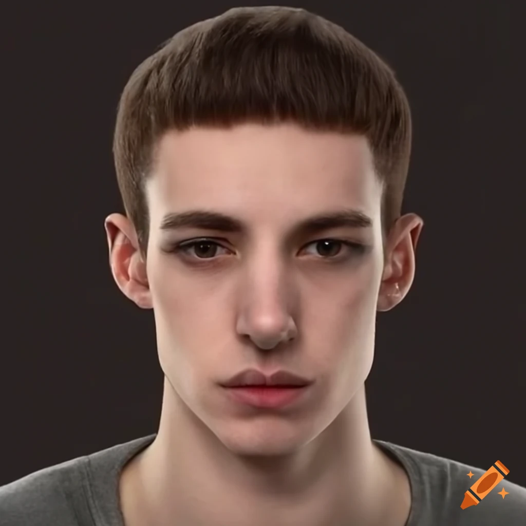 Portrait of a man with an ellipse-shaped face and dark brown almond ...