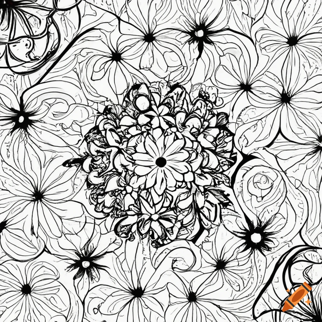 Boho moon, flowers, and celestial space in black and white coloring ...