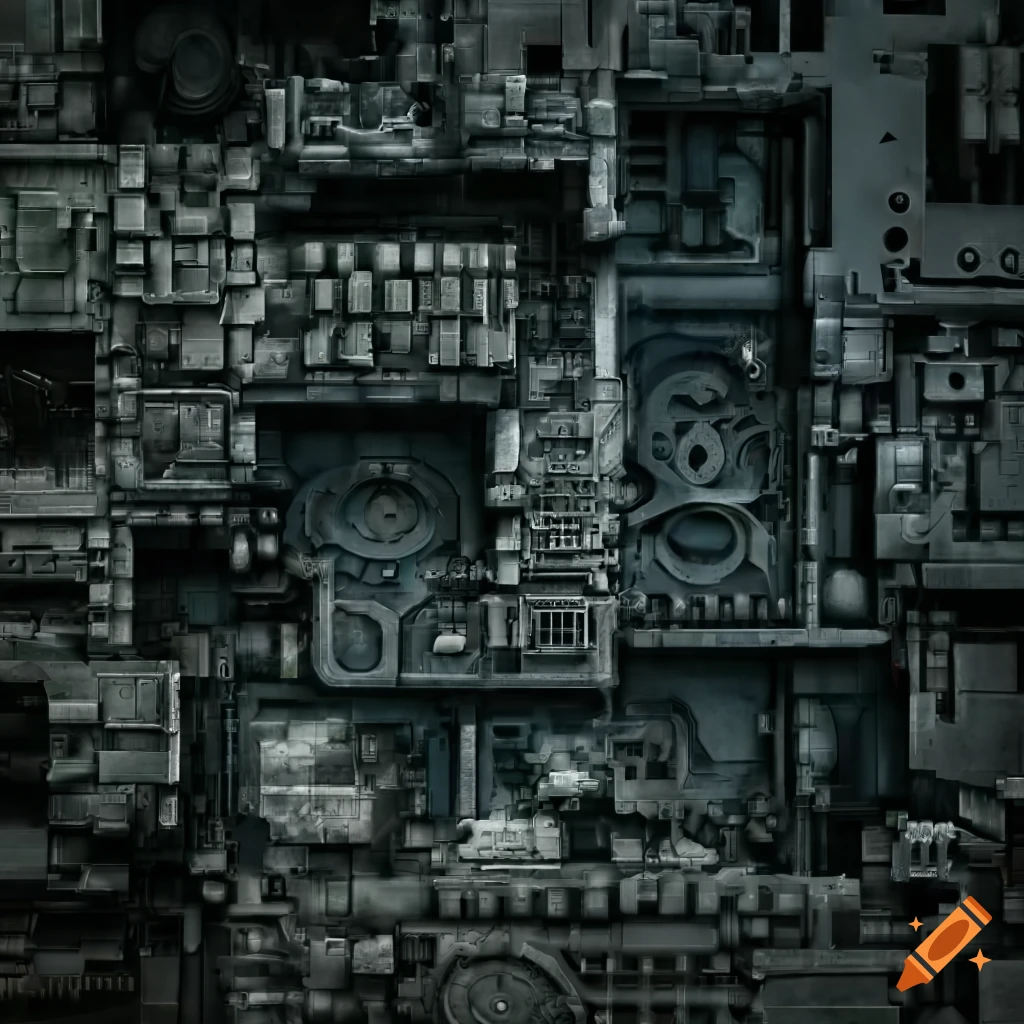 Intricate steampunk-inspired machinery tile set with a borg cube ...