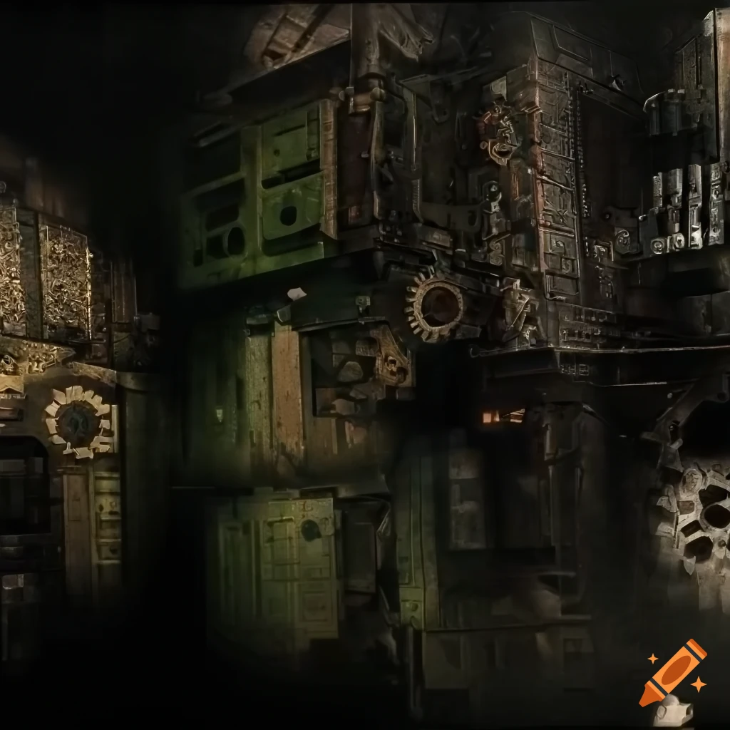 Intricate steampunk-inspired machinery tile set with a borg cube ...