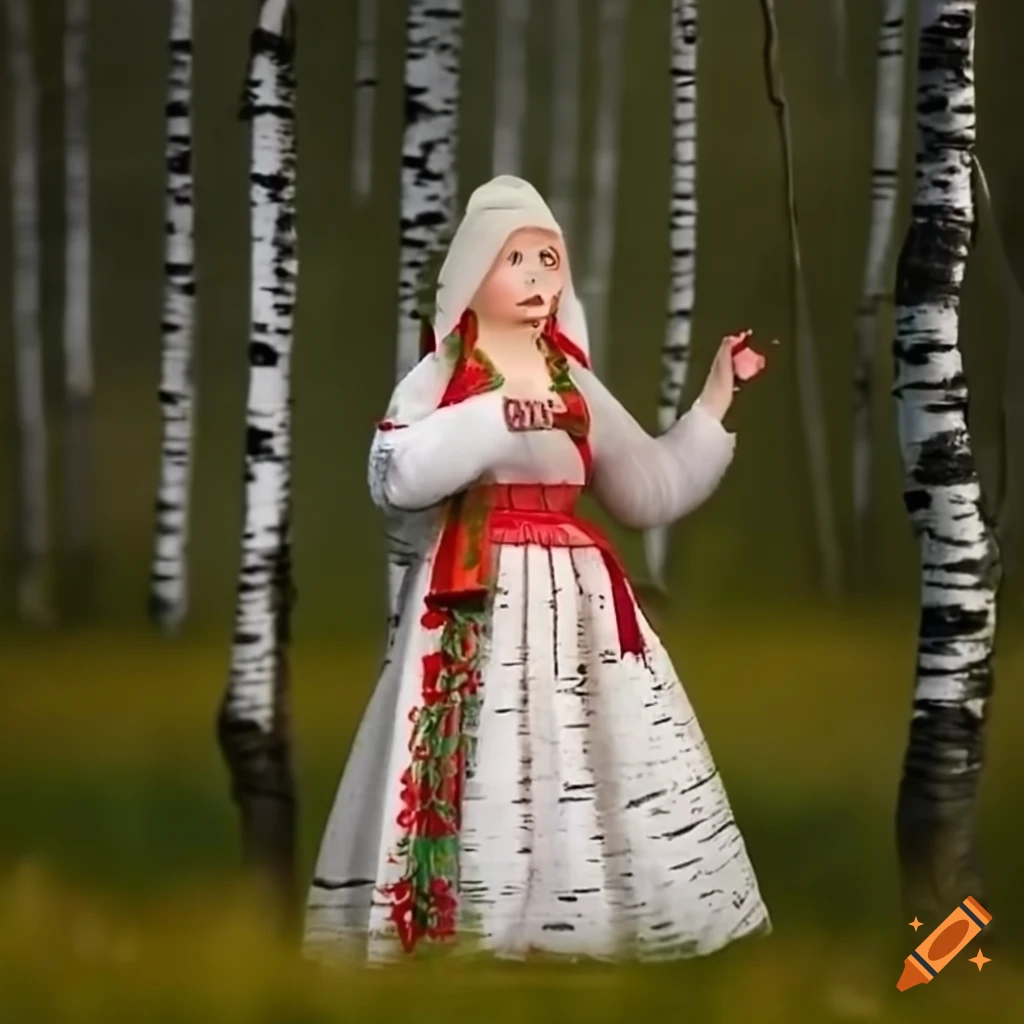 Finnish folklore character 'Karjala Maiden' among birch trees on Craiyon