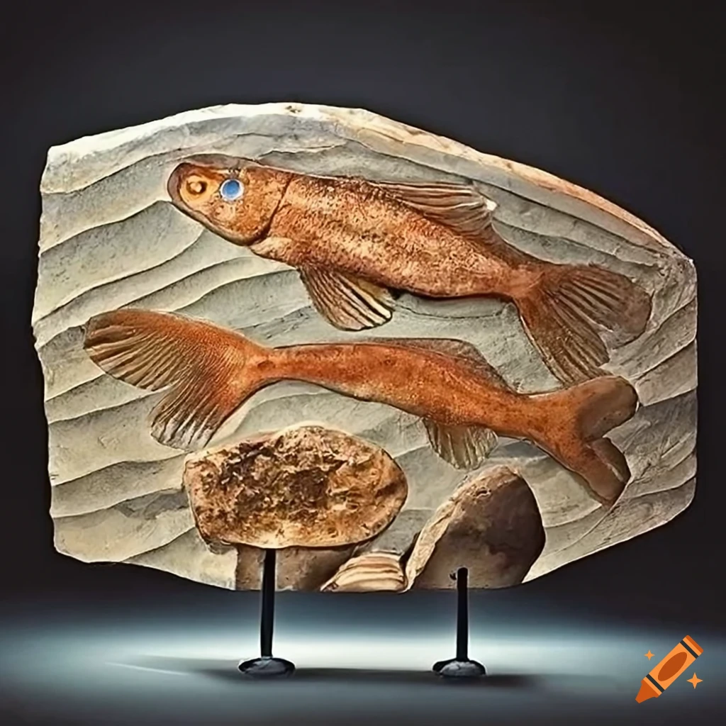 Fossilized fish in a slab of stone within a glass tank with water ...