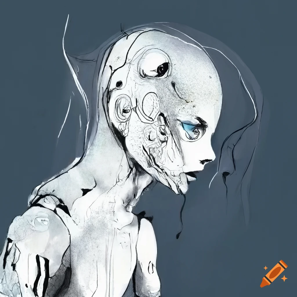 Ethereal white ink depicting a young male white-skinned cyborg in a ...