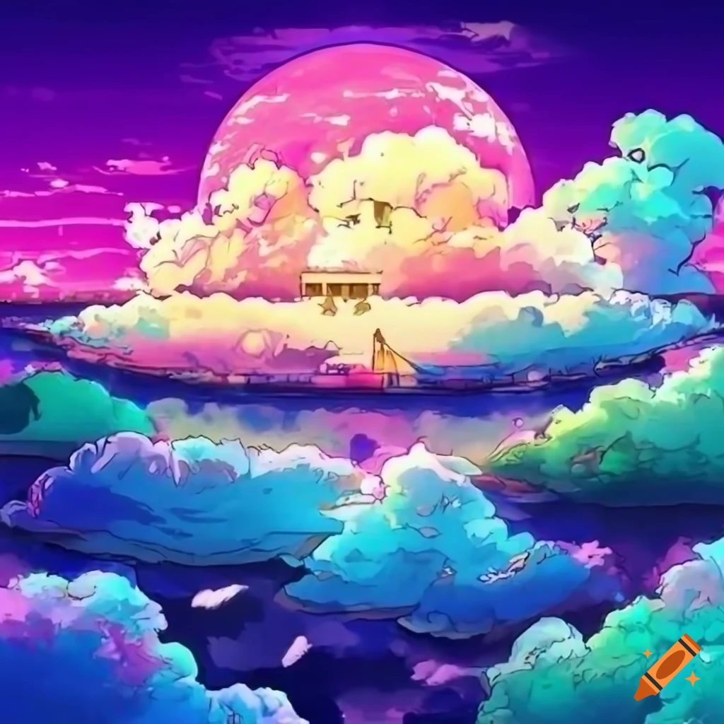 Floating island in vibrant manga anime style with detailed clouds on ...