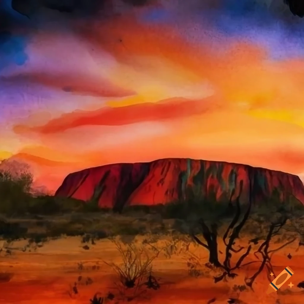 Uluru during sunset with a eucalyptus tree in the foreground in a ...