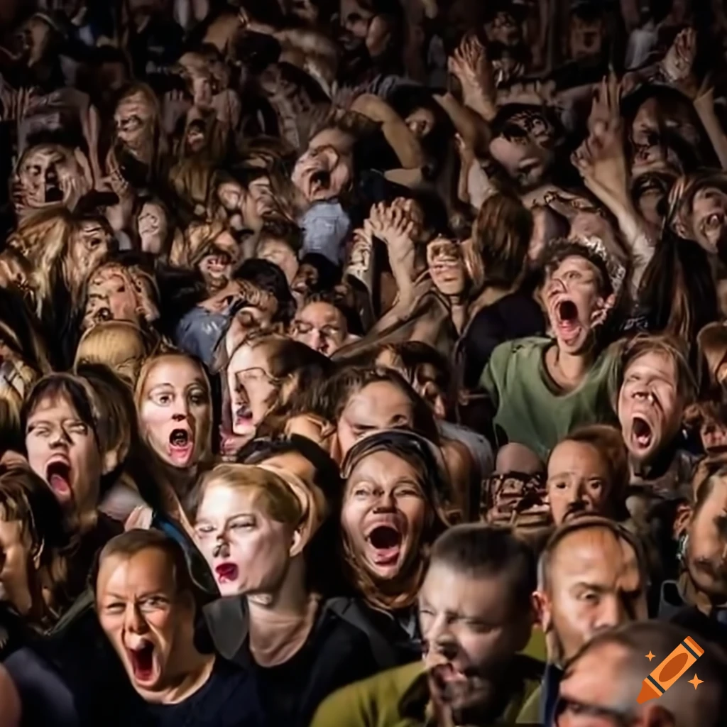 Crowd of scared yelling people on Craiyon