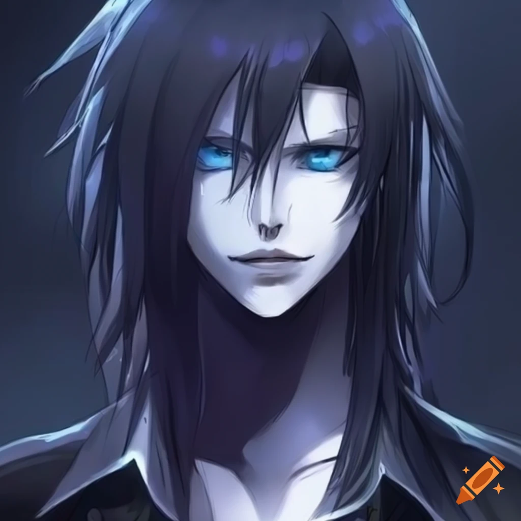 Male vampire with long black hair, glowing blue eyes, and pale skin in ...