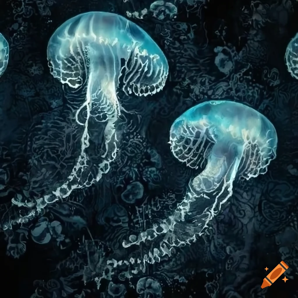 Intricate jellyfish patterns below the ocean surface in a watercolor ...