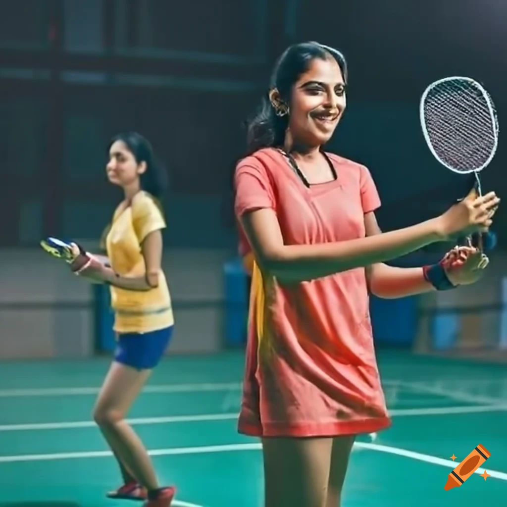Smiling Indian women at a badminton court with rackets and shuttlecock ...