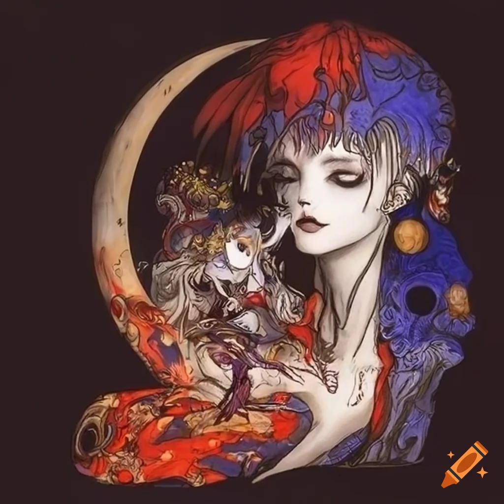 Creature devouring the moon in the style of yoshitaka amano on Craiyon