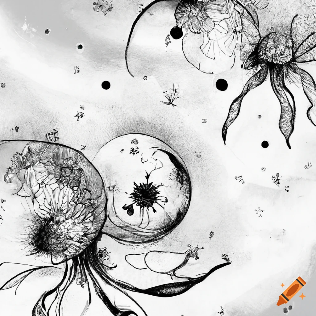 Abstract pen ink drawing of flowers in celestial space with moons on ...