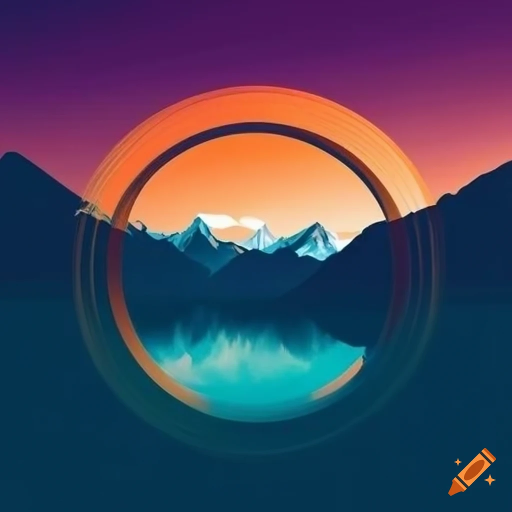 Circle logo design with alpine mountains, turquoise river, and orange ...