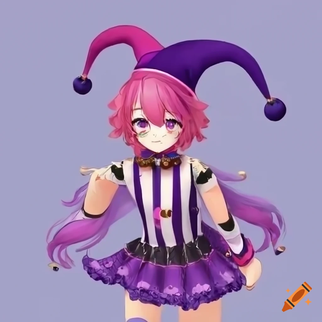 Purple jester clown vtuber with pink hair in a fun circus outfit on Craiyon