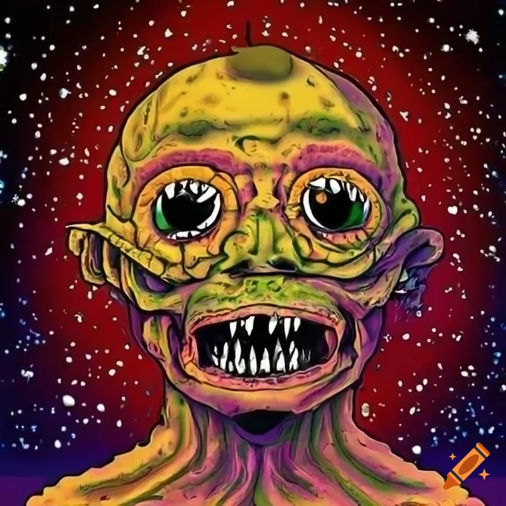 Weird surreal cartoon style with vibrant cosmic horror featuring ...