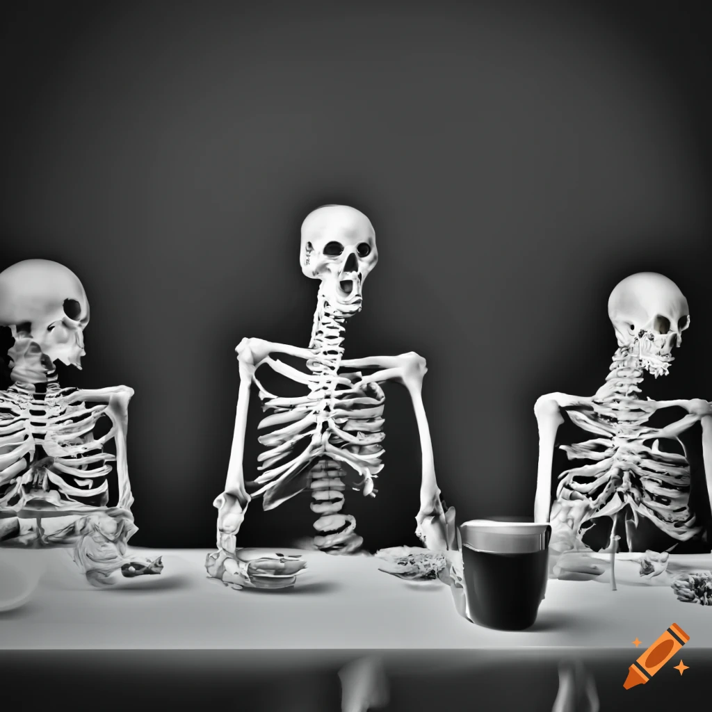 Three human skeletons having dinner at a table and looking at the ...