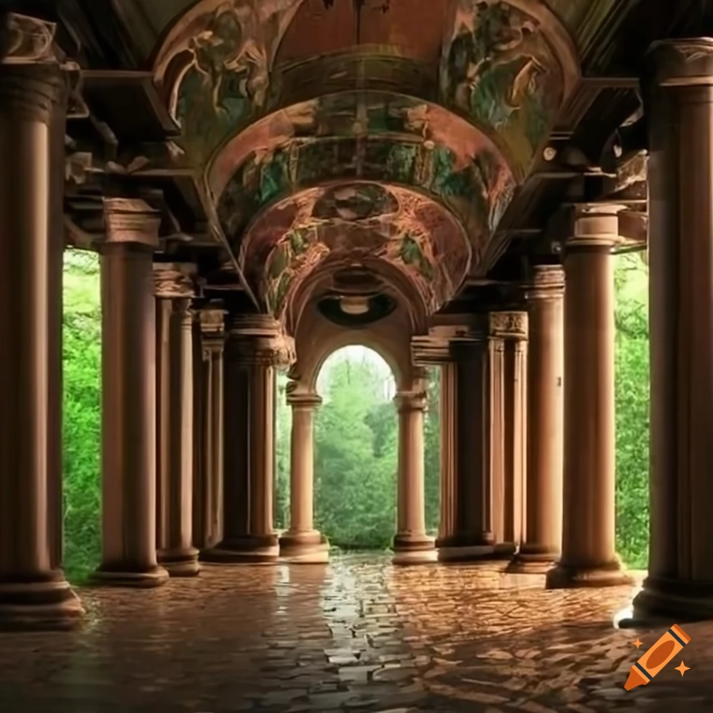 Architectural library with pillars and domes in a lush forest setting ...