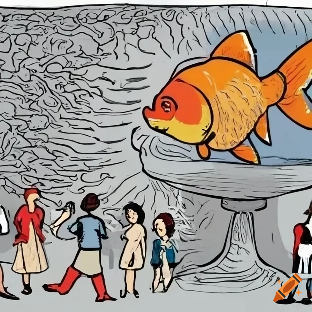 Comic scene of a goldfish surrounded by miniature people at the edge of ...