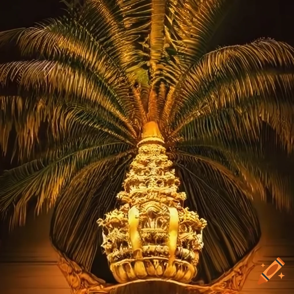 Royal palm tree adorned with golden crowns in a luxurious oasis on Craiyon