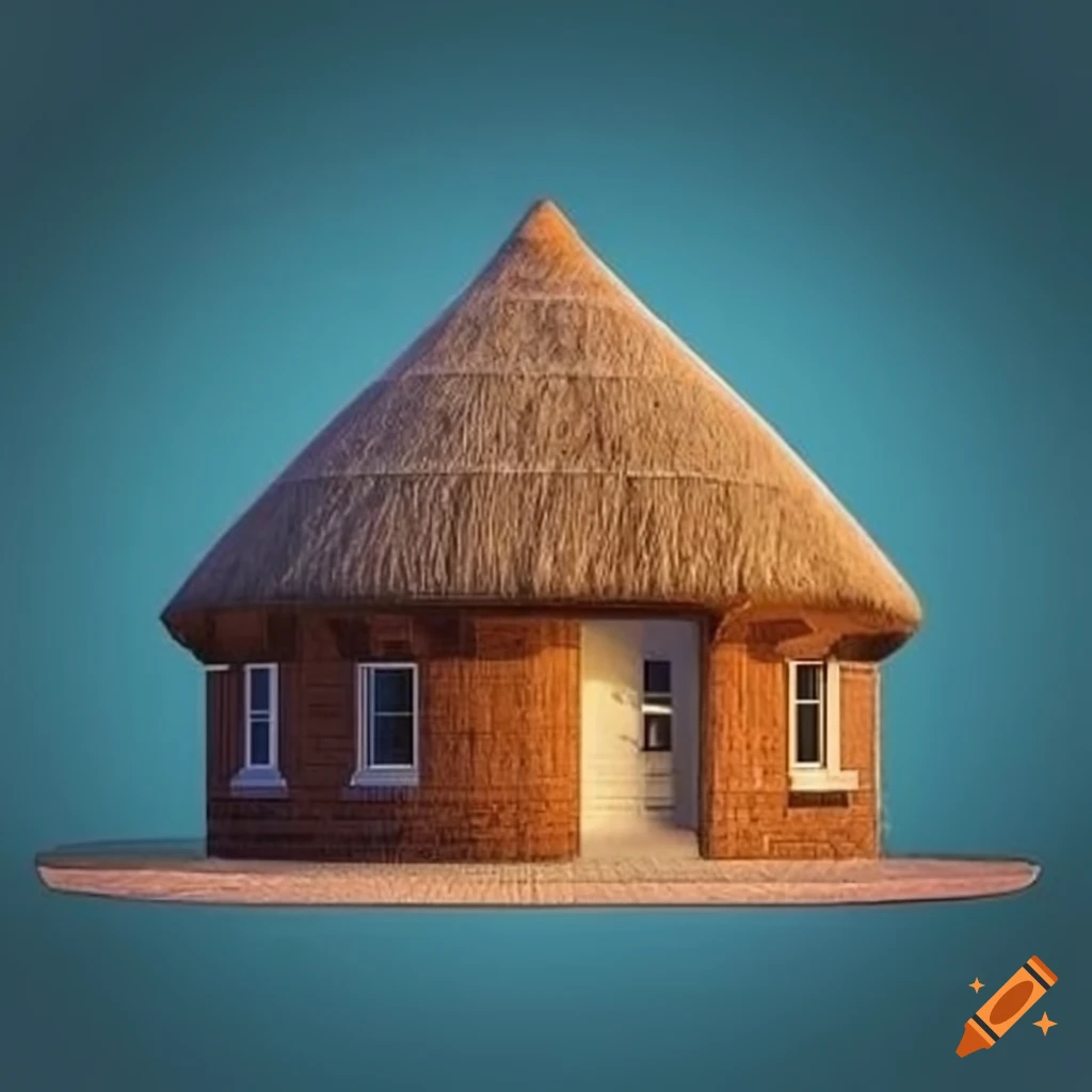 Round one bedroom house with hexagon shape, bay windows, thatched roof ...