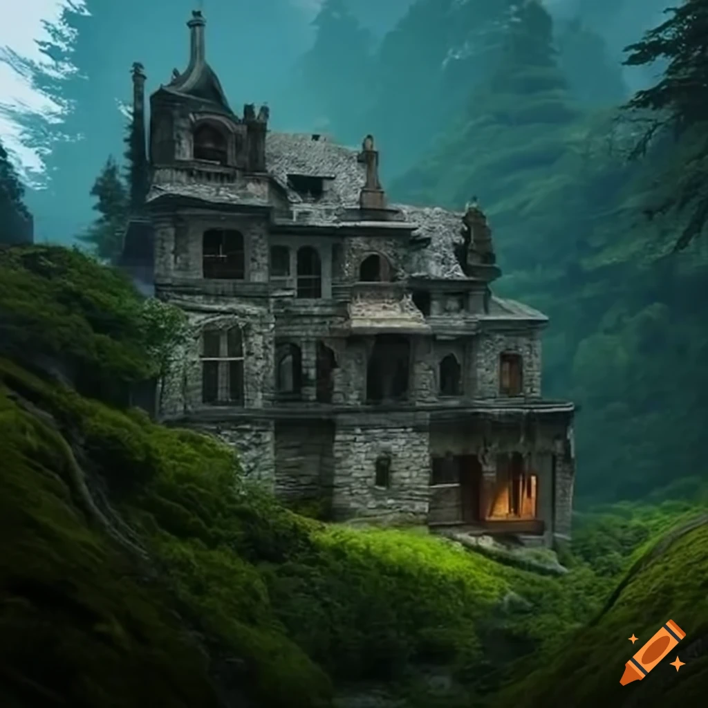 Impressive stone mansion hidden in a magical lush valley on Craiyon