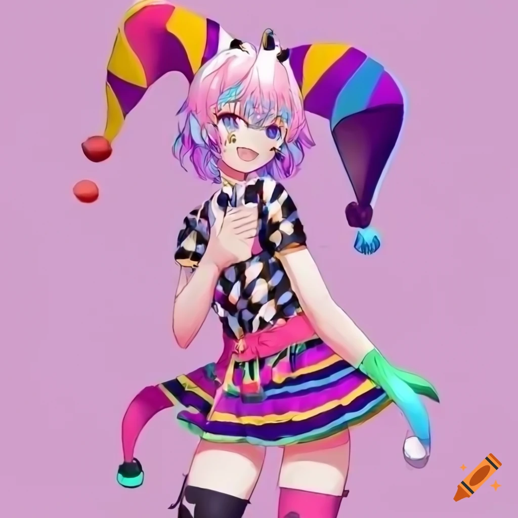Imp Clown Jester Vtuber with pink hair and devil tail in pyjamas on Craiyon