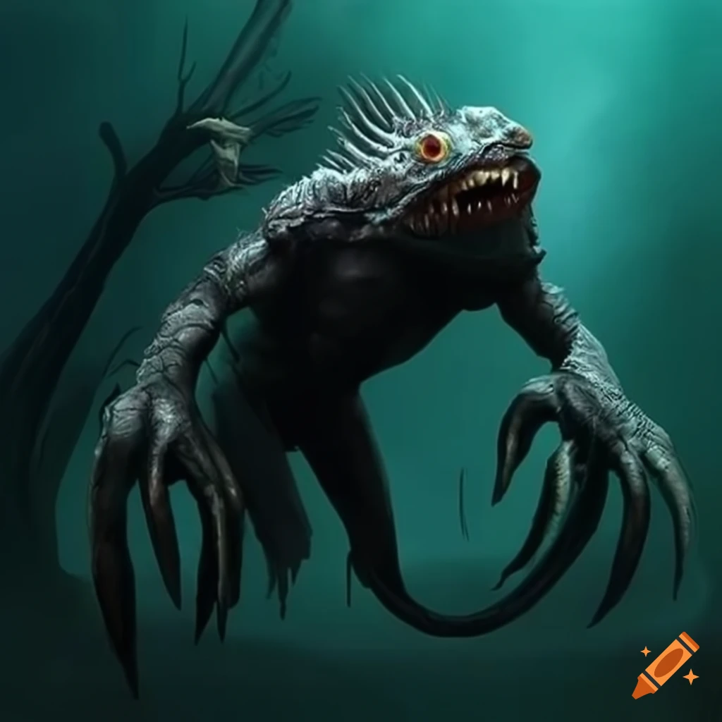 Black fish man creature with sharp teeth and long claws on Craiyon