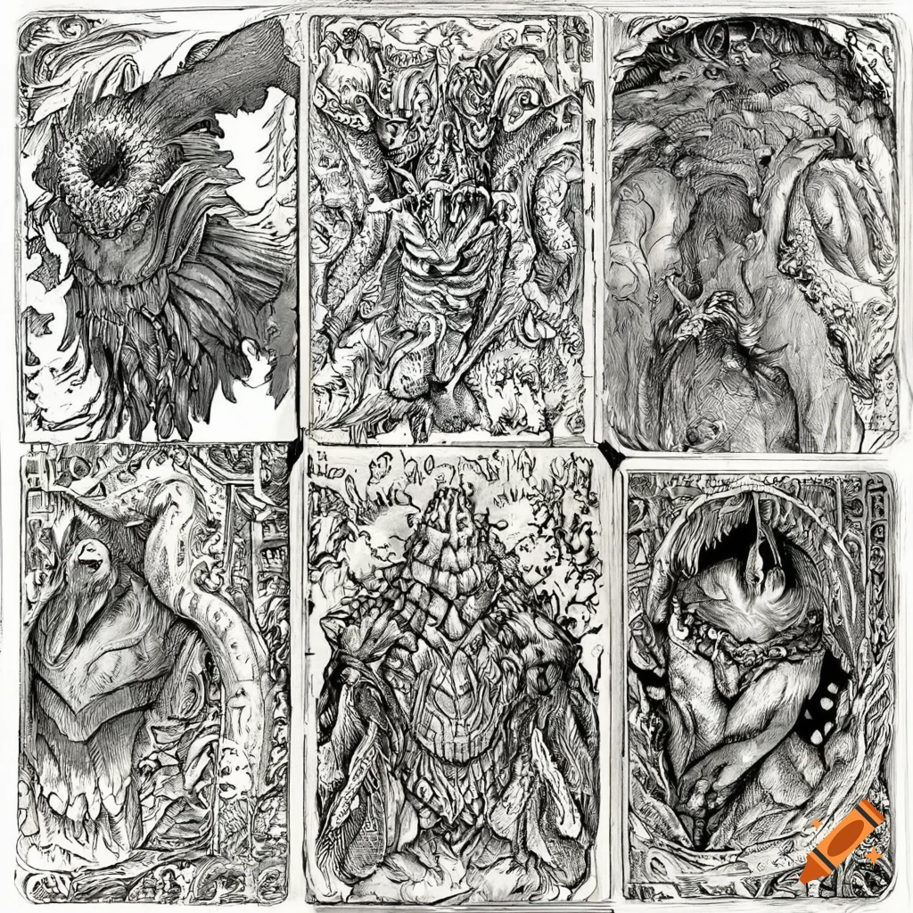 Diverse surreal and fantasy creatures and objects in intricate ink ...