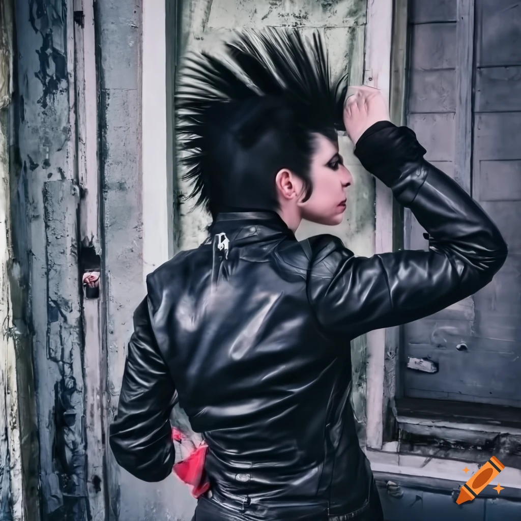 English punk-rocker woman with mohawk hairstyle in urban setting on Craiyon