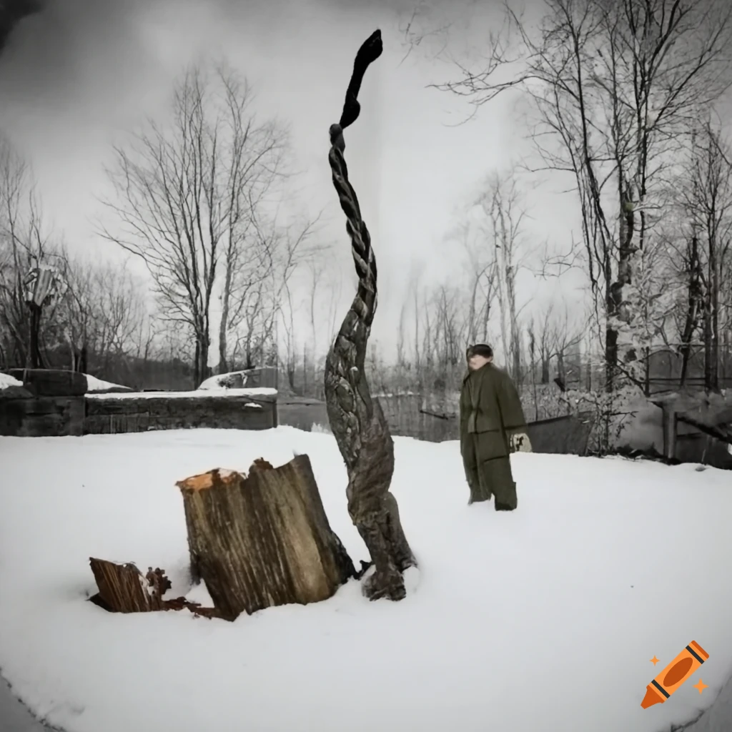 Snowy prison yard with dragon-like creature emerging next to men in ...