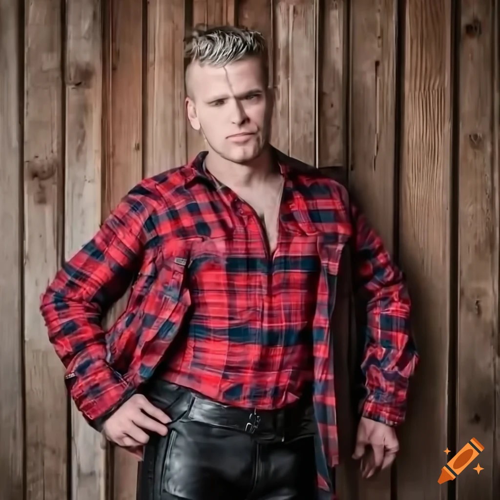 English punk-rocker man with mohawk hairstyle in red plaid shirt and ...