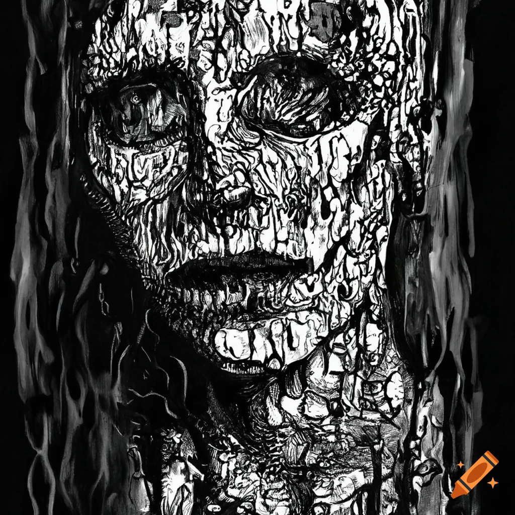 Intricate pen drawing of tormented ghost experiencing severe anxiety on ...
