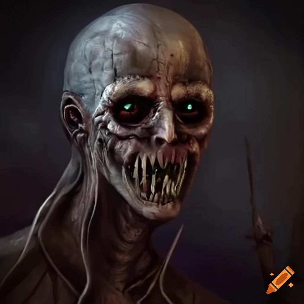 Macabre creature with pincers and glowing eyes in a horror setting on ...