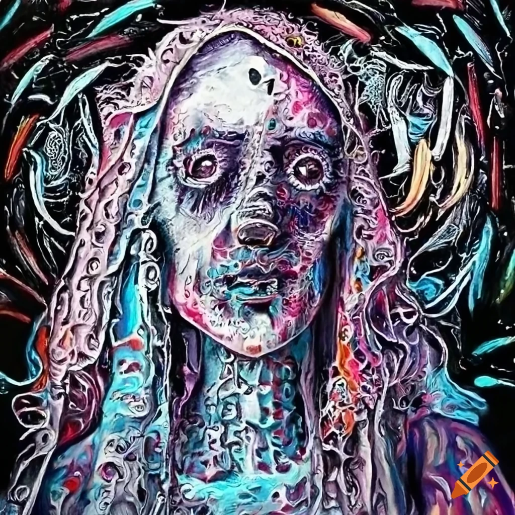 Intricate black and white pen drawing of a tormented ghost with severe ...