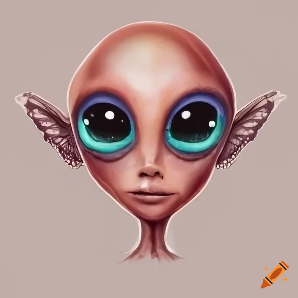 Sketch of an alien cartoon face with butterfly wings ears on Craiyon