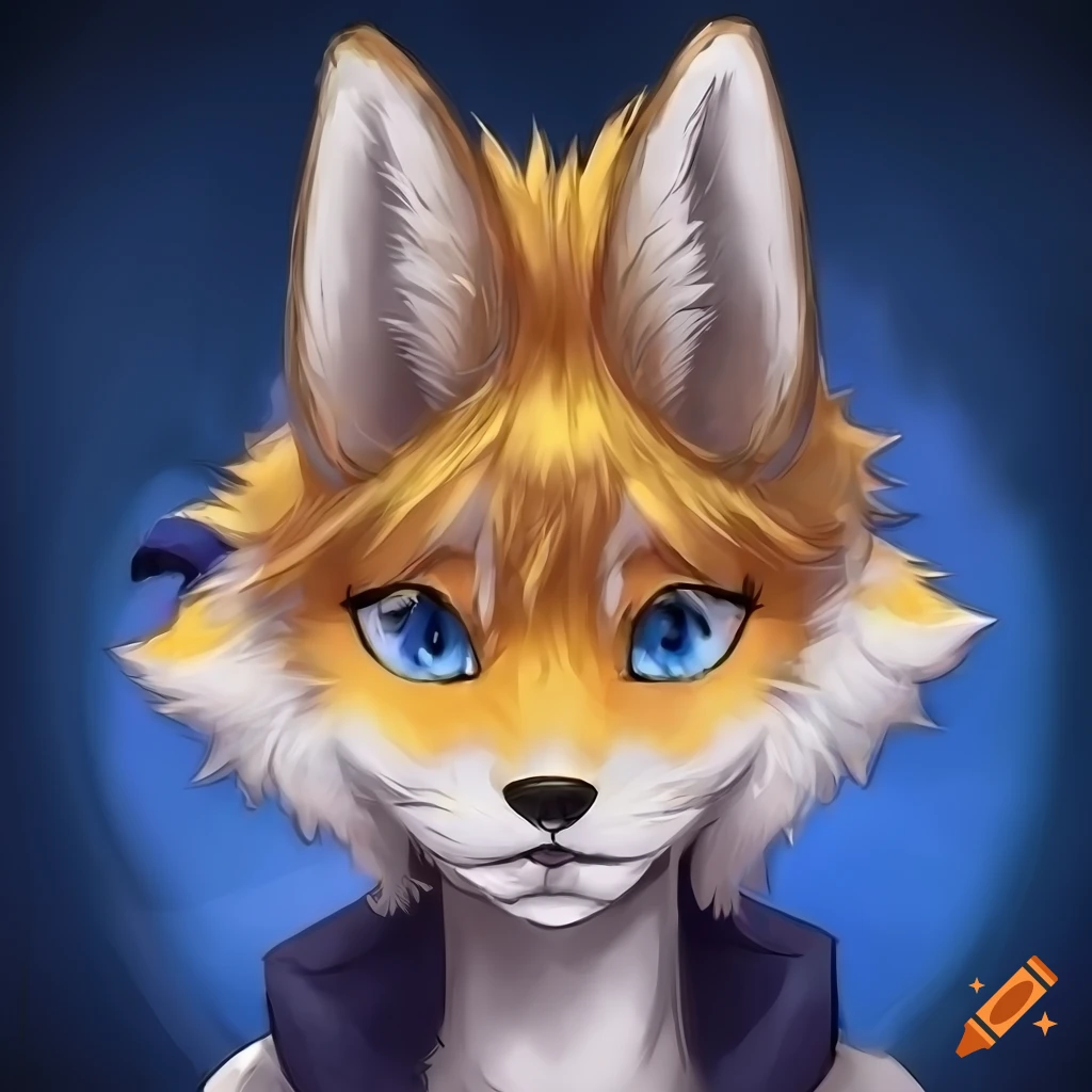 Yellow-furred anthro fox with blue eyes in anime kemono style on Craiyon