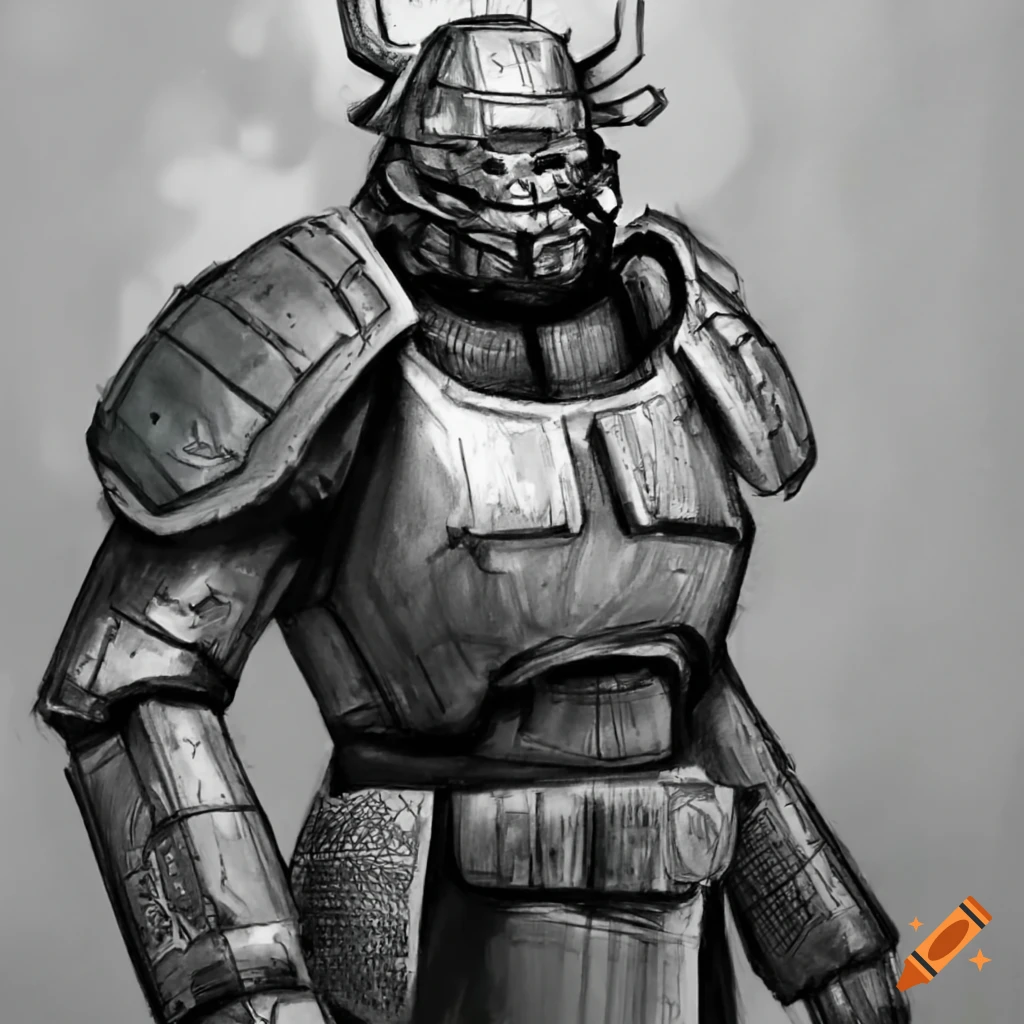 Fallout power armor with samurai style helmet in pencil sketch on Craiyon